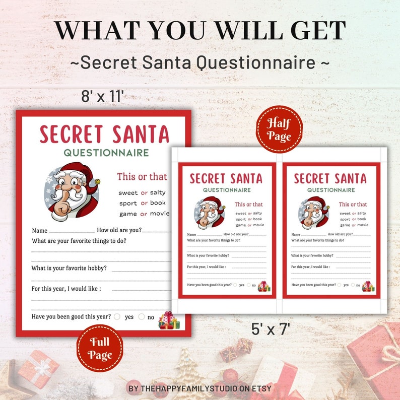 Secret Santa Questionnaire Form for Kids & Teachers, Christmas All ...