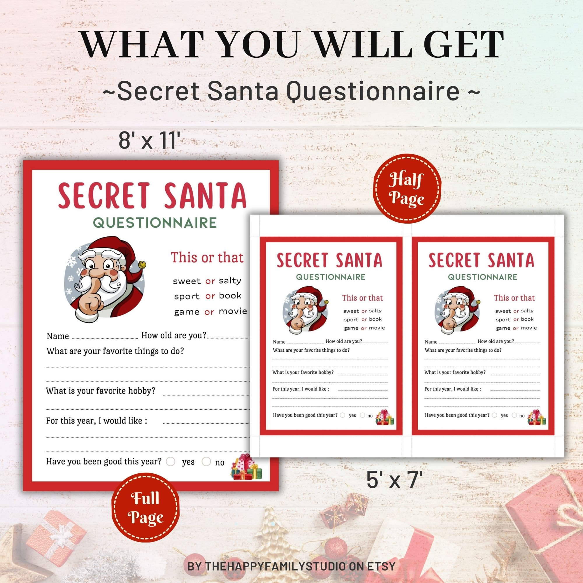 Secret Santa Questionnaire Form for Kids & Teachers, Christmas All ...