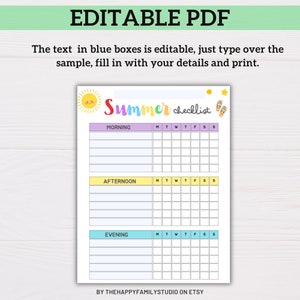 Editable Summer Daily Checklist for Kids, Chore Chart for Kids, Summer ...