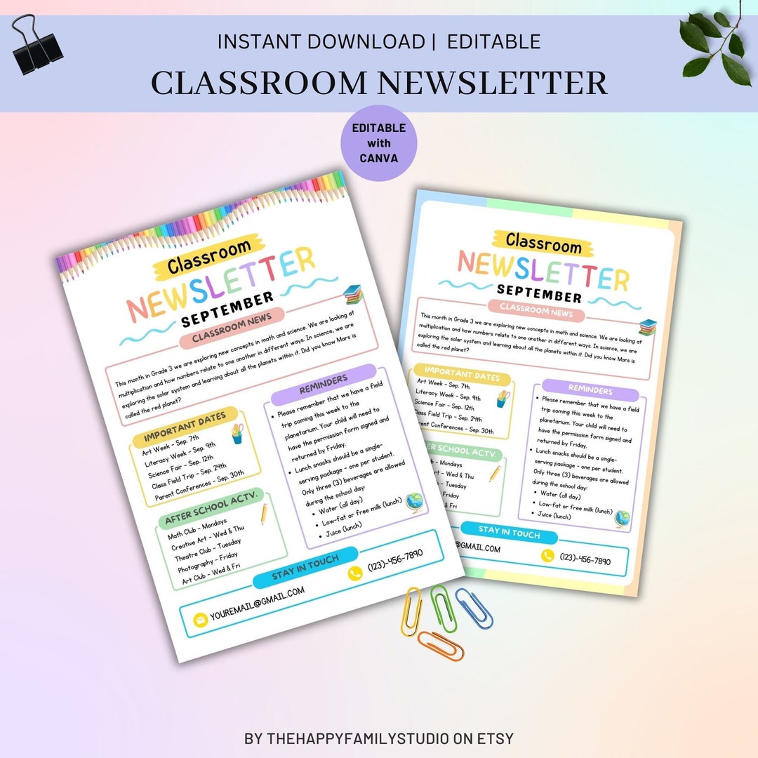 Classroom Newsletter Editable Template, Monthly/weekly Class Flyer ...