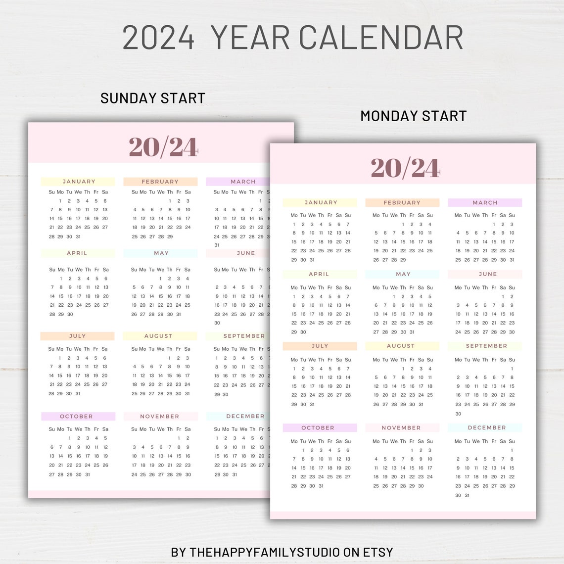 2024 Printable Calendar, 2024 Yearly Calendar, Year at A Glance ...