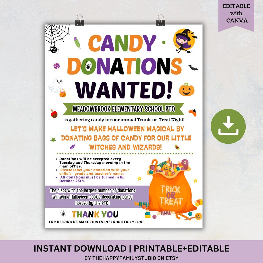 Editable Candy Donation Flyer Template, Trunk or Treat Halloween Event ...
