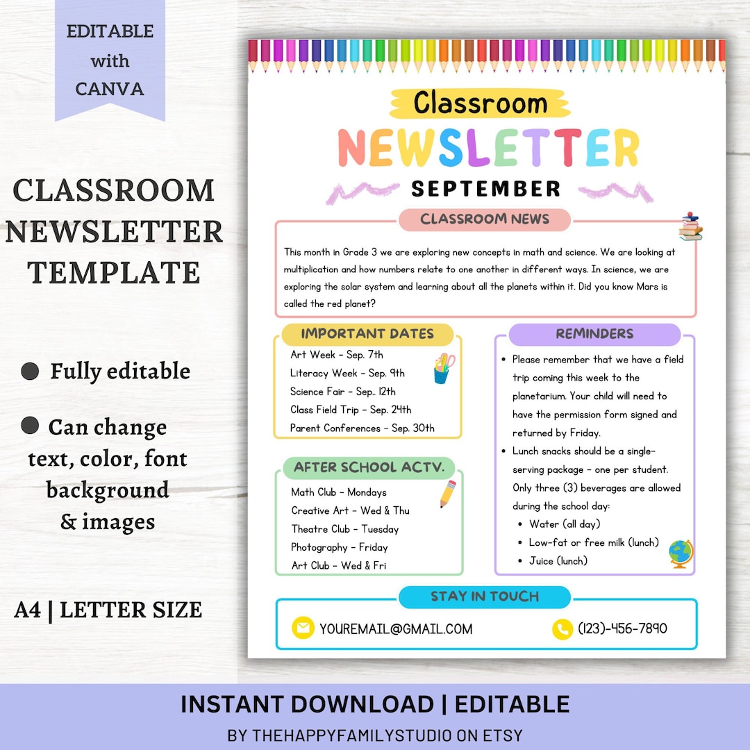 Classroom Newsletter Editable Template, Monthly/weekly Class Flyer ...