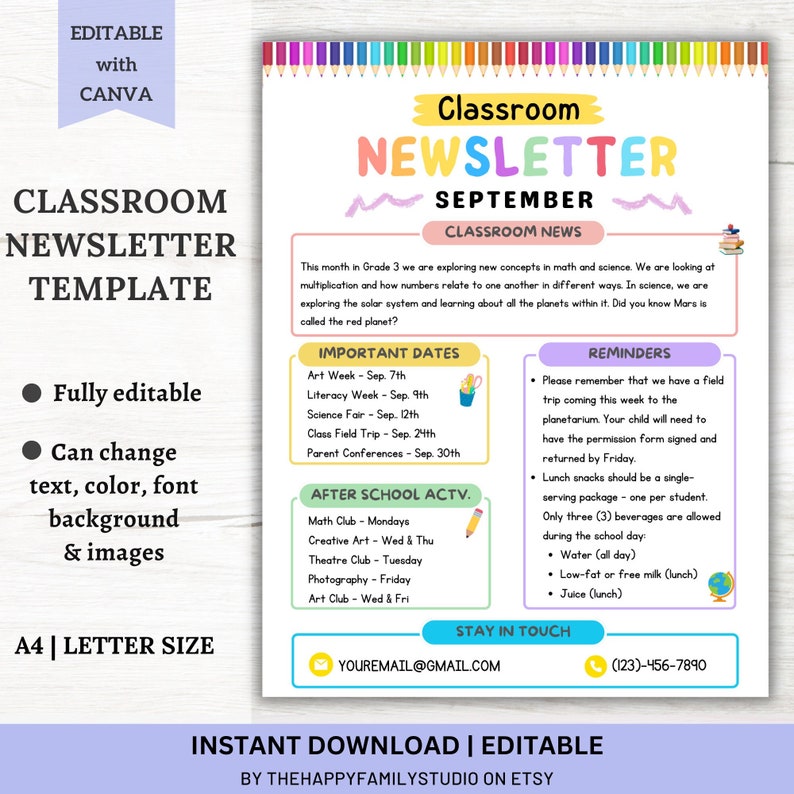 Classroom Newsletter Editable Template, Monthly/weekly Class Flyer ...