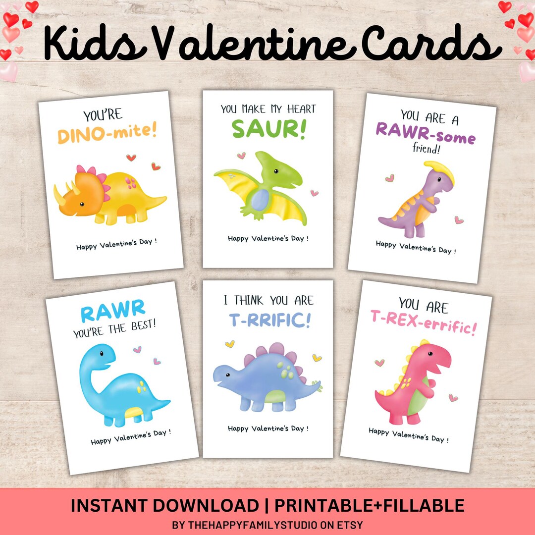 Dinosaur Valentine's Day Cards for Kids, Kids Valentine Cards ...