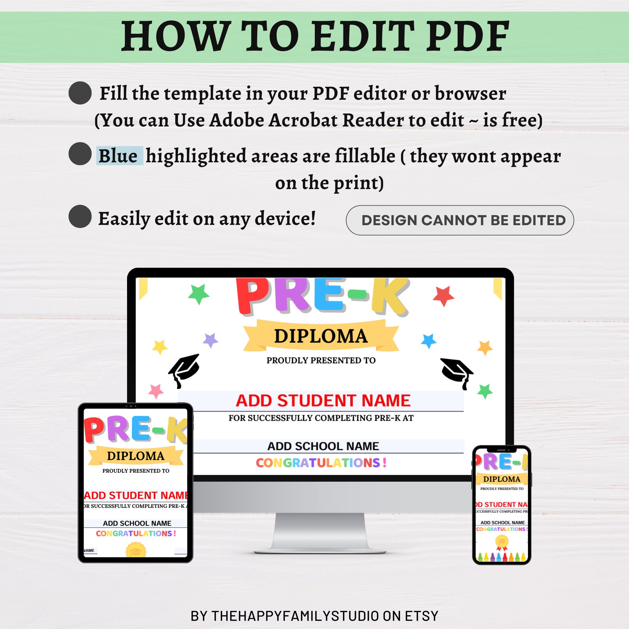 Editable Pre-k Graduation Diploma, Printable Pre-k Certificate, School ...