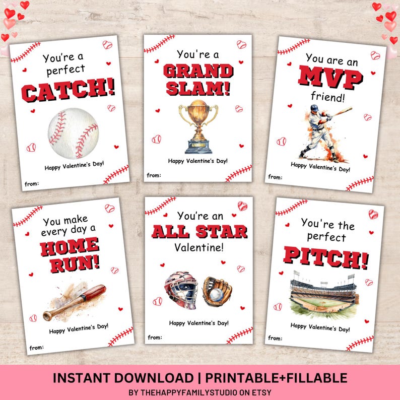 Printable Baseball Valentine Cards, Kids Classroom Valentines Day Card ...