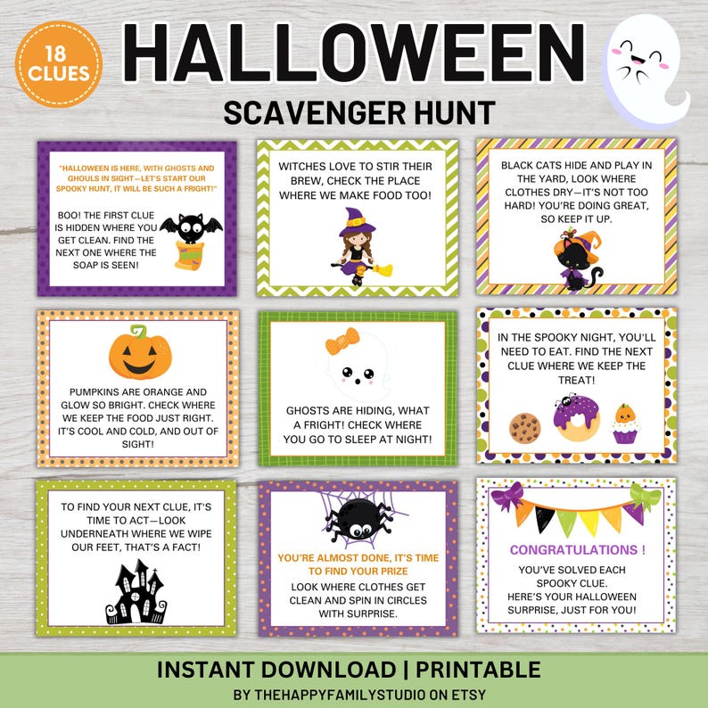 Halloween Scavenger Hunt, Treasure Hunt Clues, Halloween Games for Kids ...