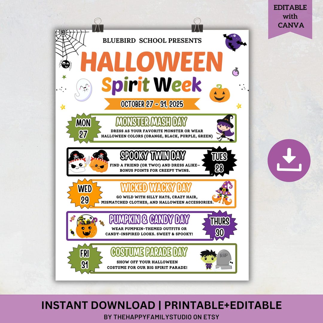 Editable Halloween Spirit Week Flyer, School Events Itinerary Schedule ...