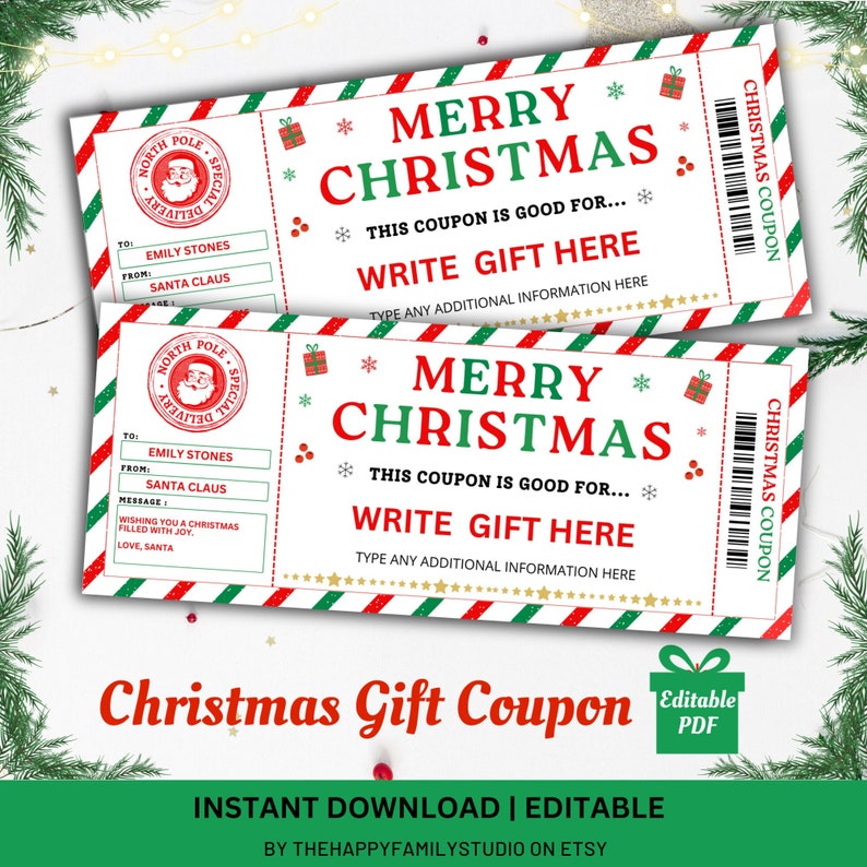 Editable Christmas Coupon, Printable Christmas Gift Certificate, Custom ...