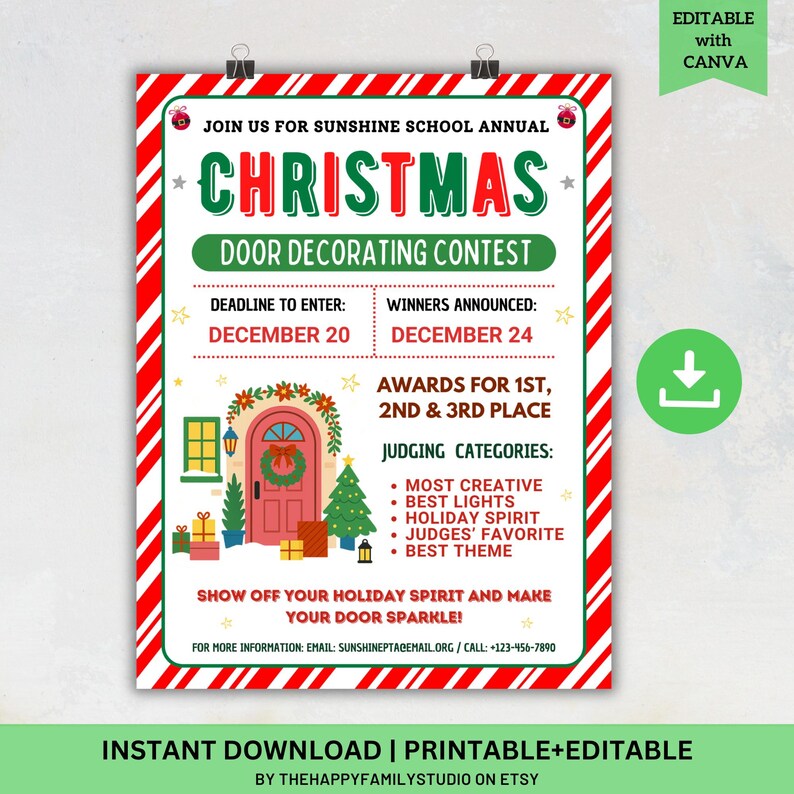 Christmas Door Decorating Contest Flyer, School Holiday Poster Template ...