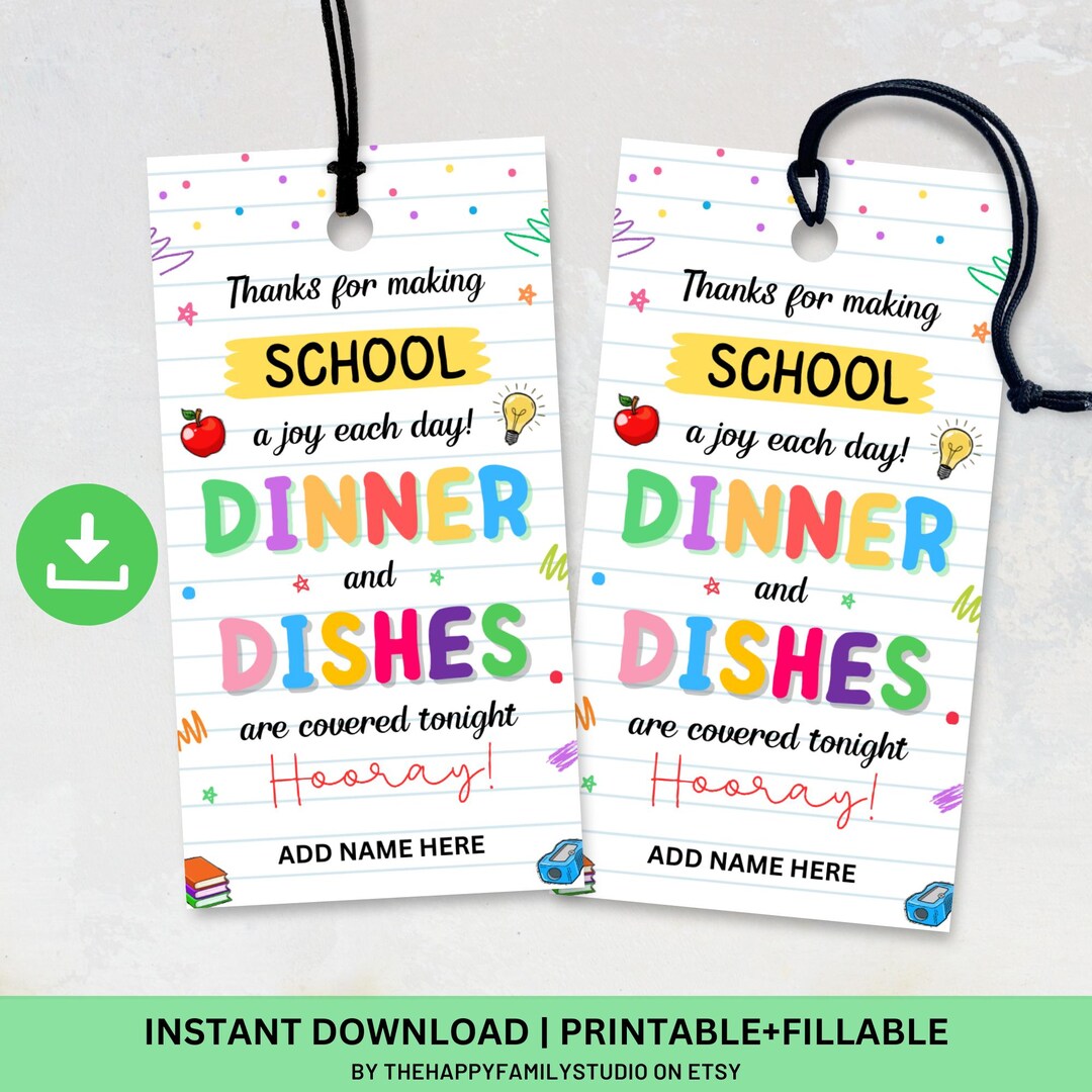 Teacher Appreciation Gift Tag, Dinner and Dishes Are on Us Gift Tag ...