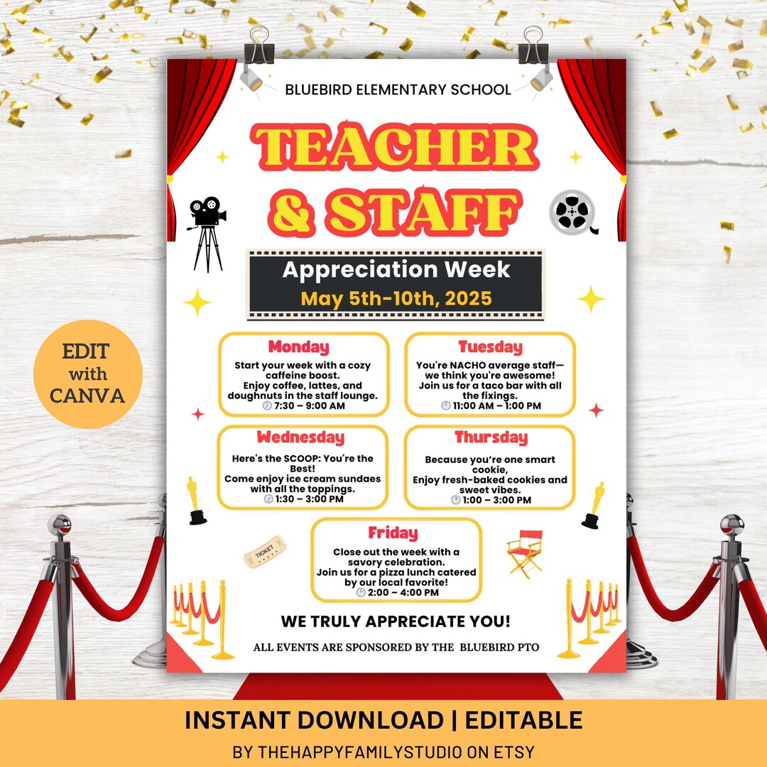 Editable Teacher Appreciation Week Flyer: Hollywood Theme (digital ...