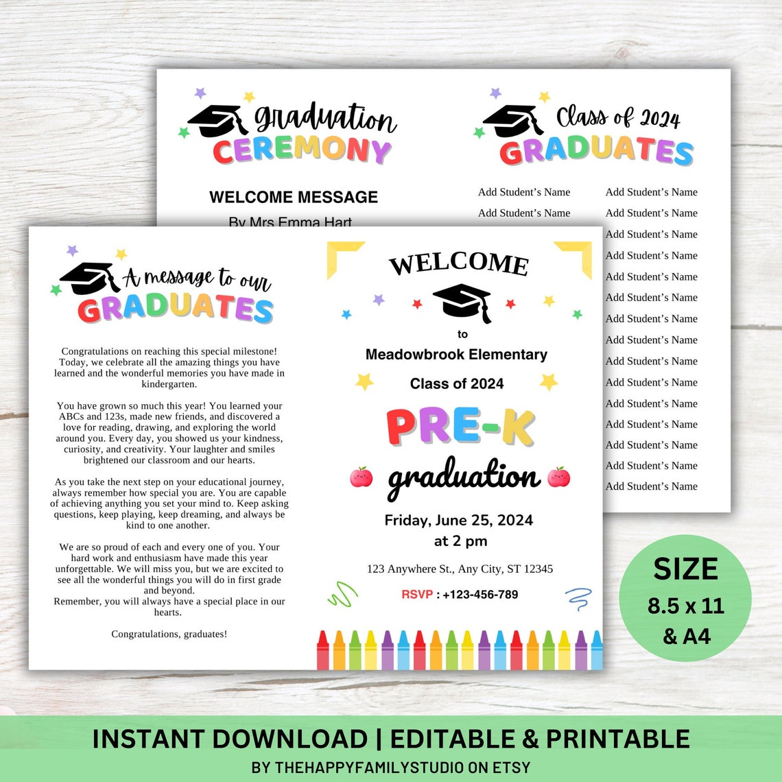 Editable Pre-k Graduation Program, Graduation Ceremony Template, Prek ...