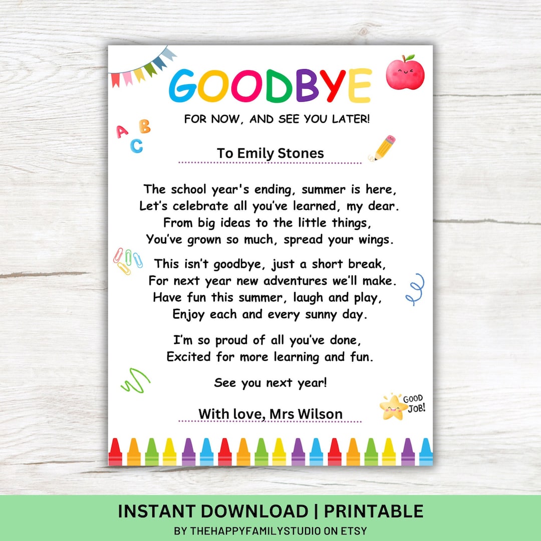 End of School Year Poem Gift From Teacher to Student, End of Year Gift for Students, Teacher ...
