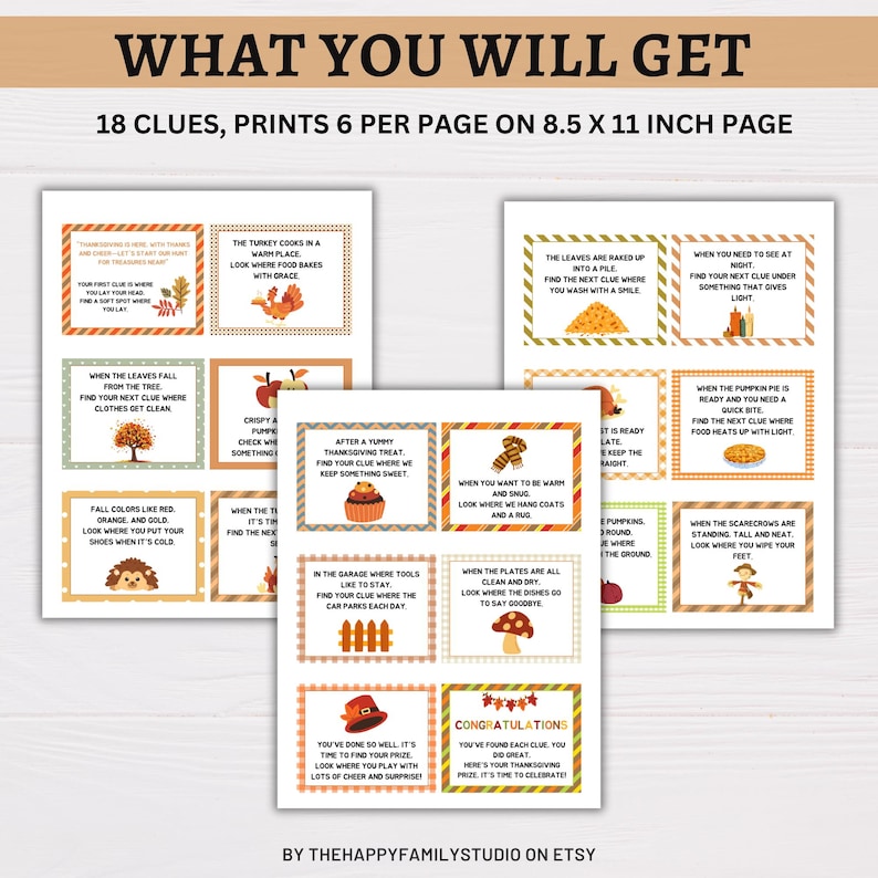 Thanksgiving Scavenger Hunt for Kids, Treasure Hunt Clues, Thanksgiving ...