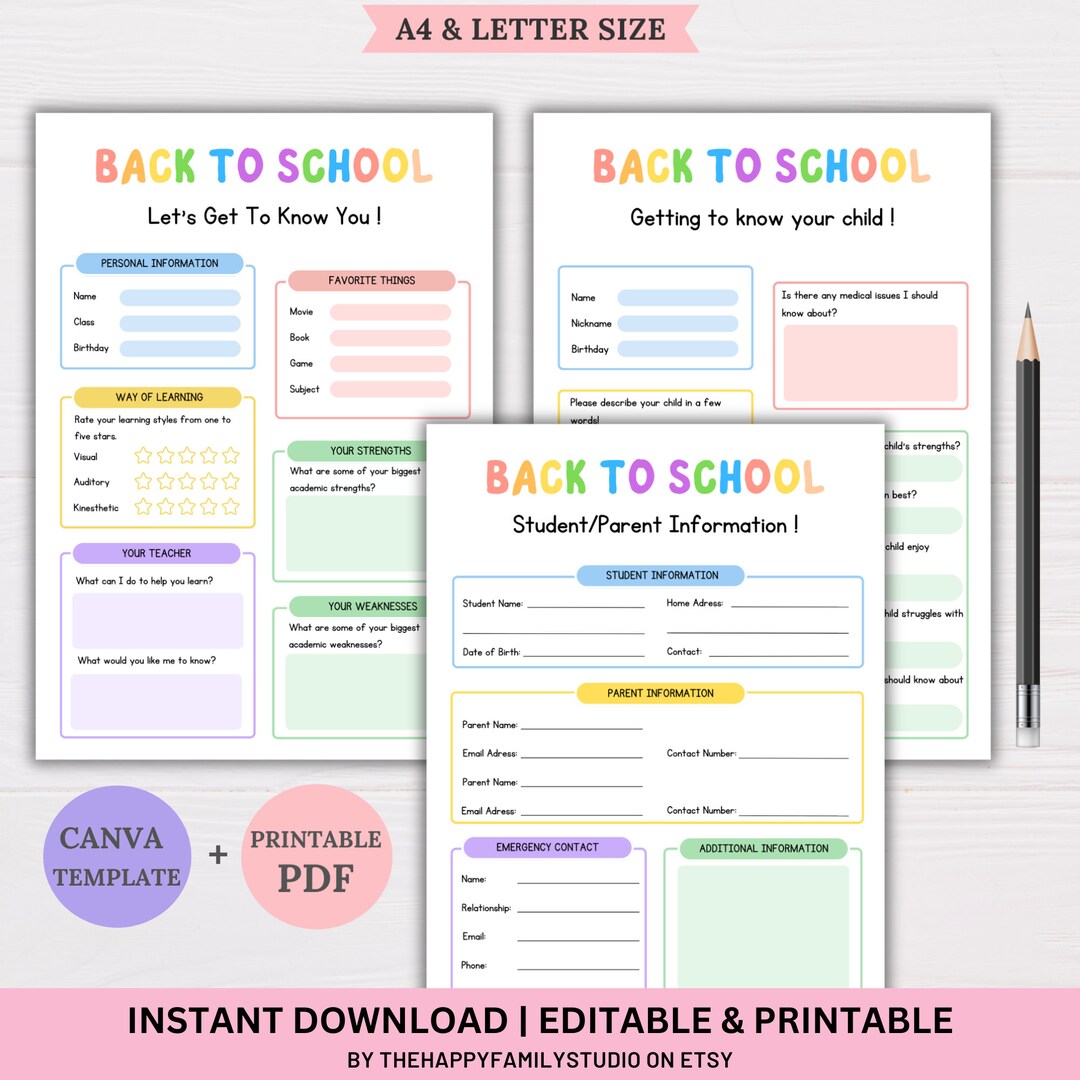 Back to School Questionnaire, Get to Know Your Child, Parent Survey ...