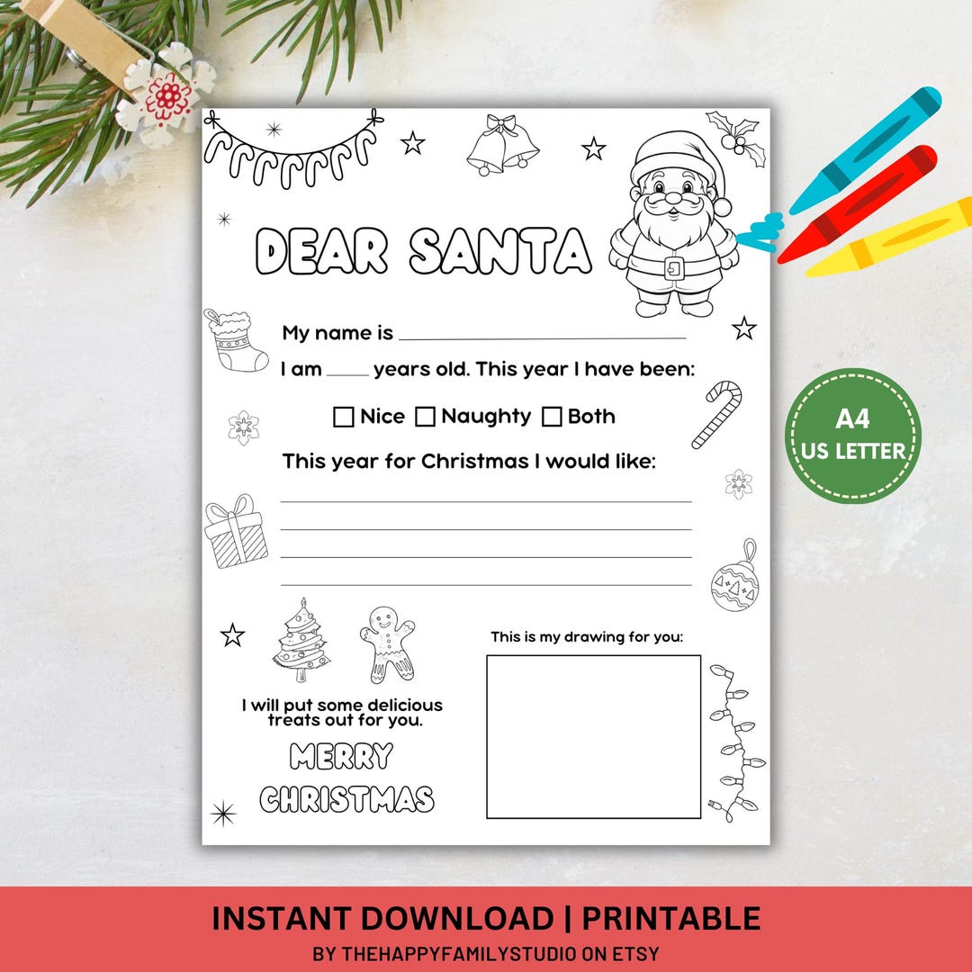 Letter to Santa Coloring Page, Dear Santa Letter for Kids, Christmas ...