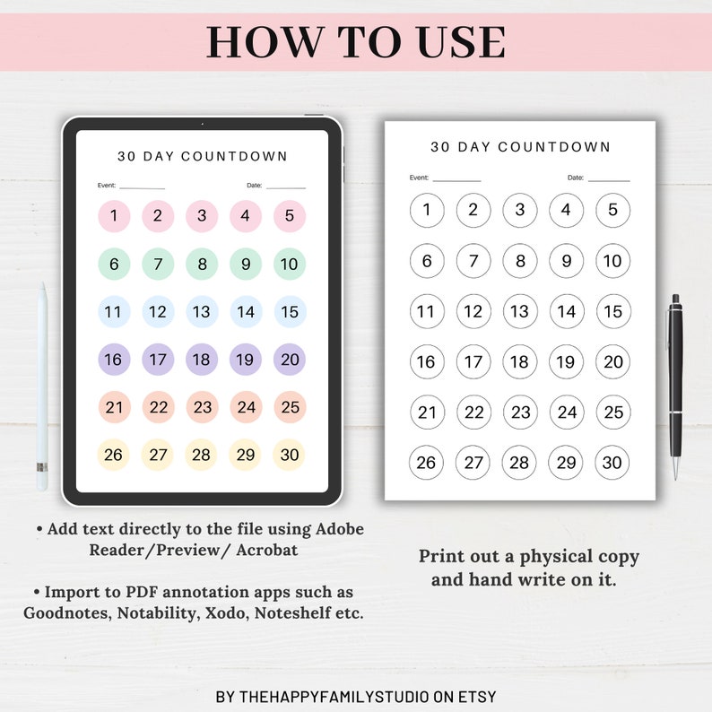 30,60,90,100 Day Countdown Printable Tracker, Countdown for Any ...