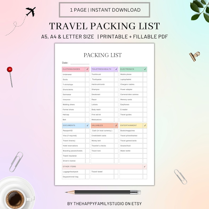 Printable Travel Packing List, Packing List Editable Template, Travel ...