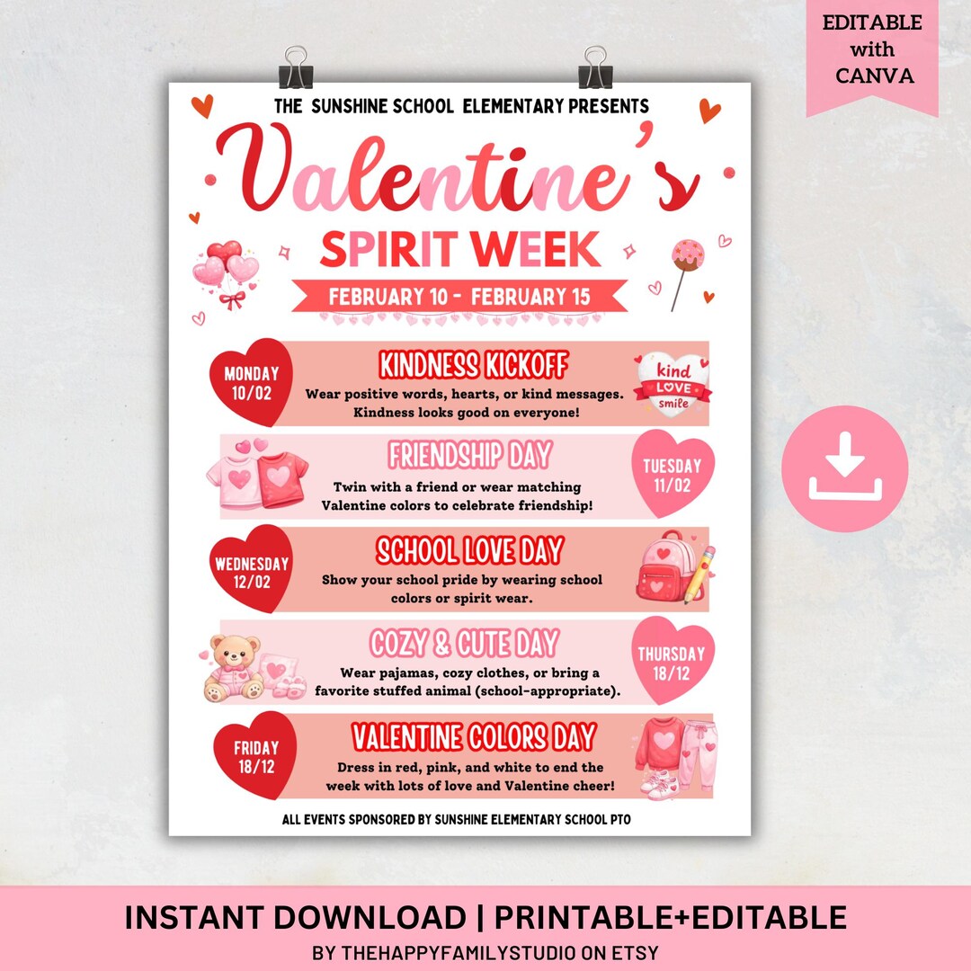 Valentine's Day Spirit Week Flyer Template, Spirit Week Itinerary ...