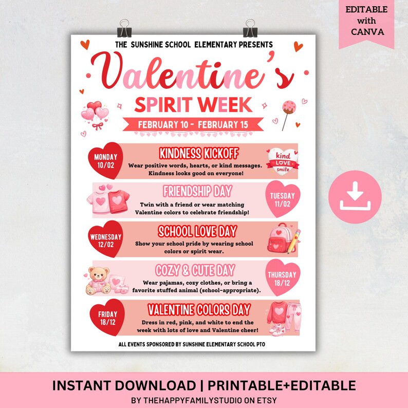 Valentine's Day Spirit Week Flyer Template, Spirit Week Itinerary ...