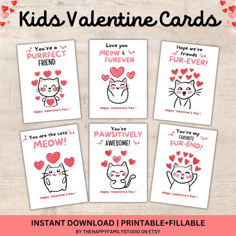 Cat Valentine's Day Cards: Printable Kids Valentines (digital Download ...