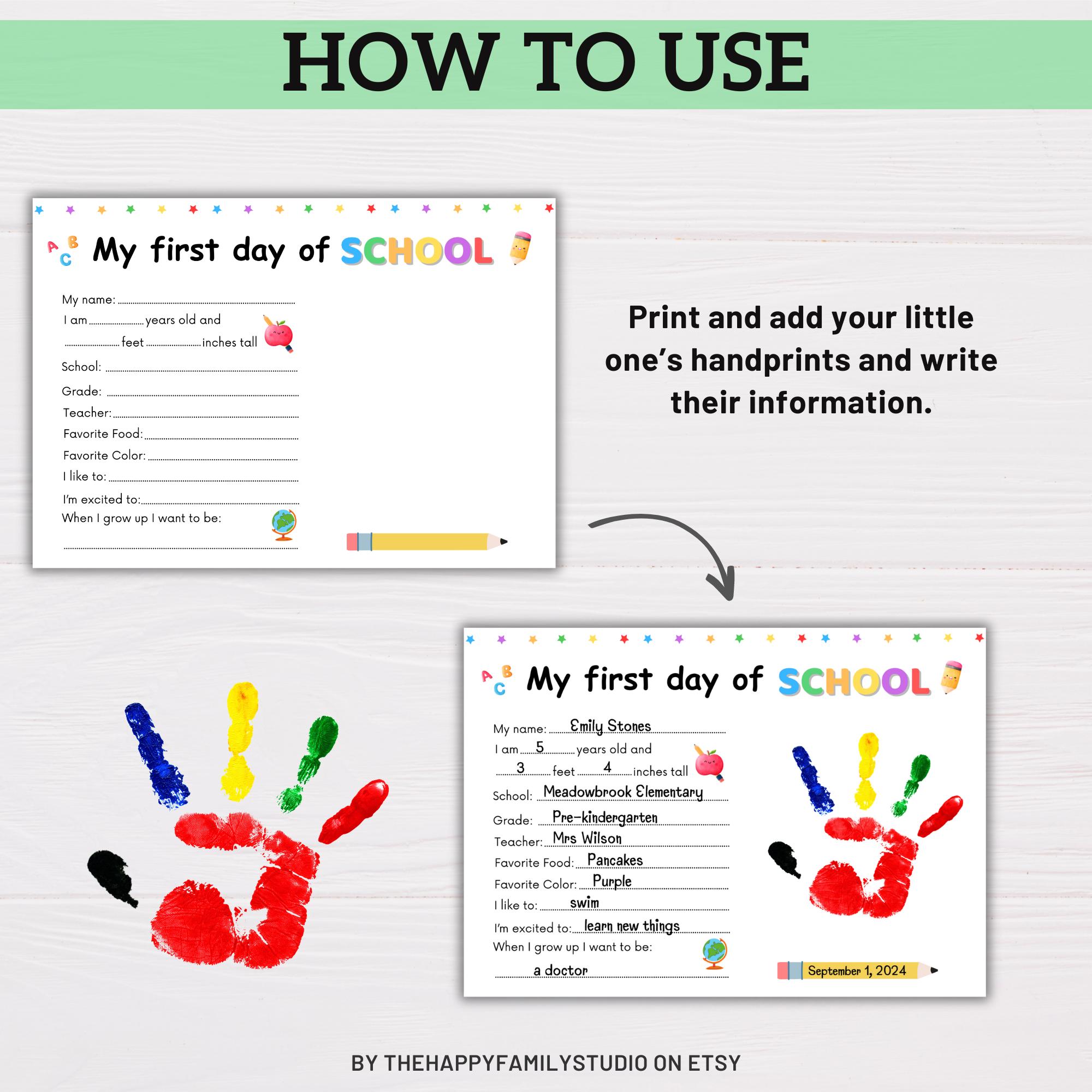 First Day of School Printable Handprint Craft, Back to School Keepsake ...