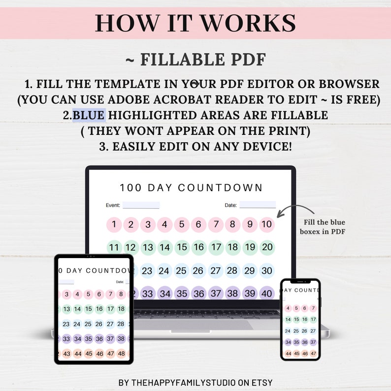30,60,90,100 Day Countdown Printable Tracker, Countdown for Any ...