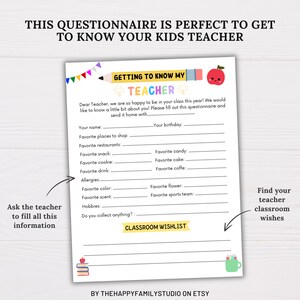 Teacher Favorite Things Questionnaire, Teacher Appreciation Gift, All ...