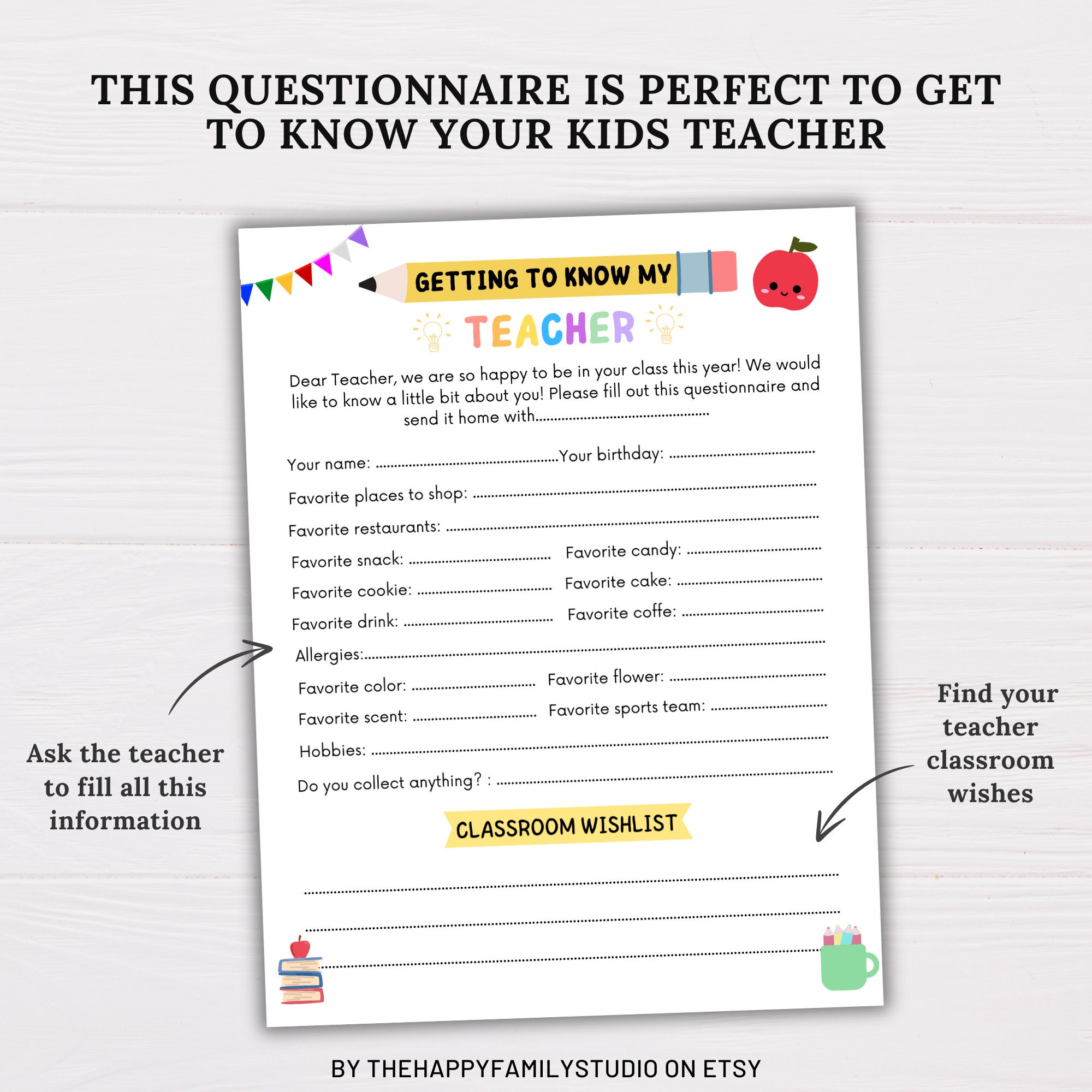 Teacher Favorite Things Questionnaire, Teacher Appreciation Gift, All ...