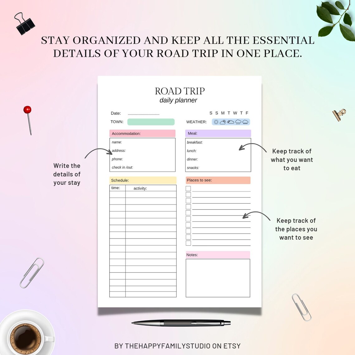Daily Road Trip Planner Printable, Road Trip Itinerary, Family Road ...