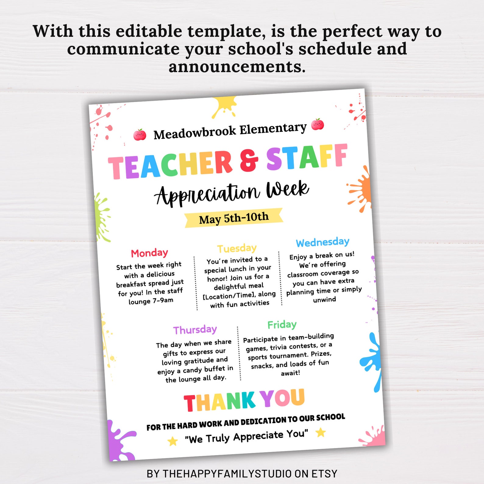 Teacher Appreciation Week Schedule, Editable Teacher Appreciation Flyer ...