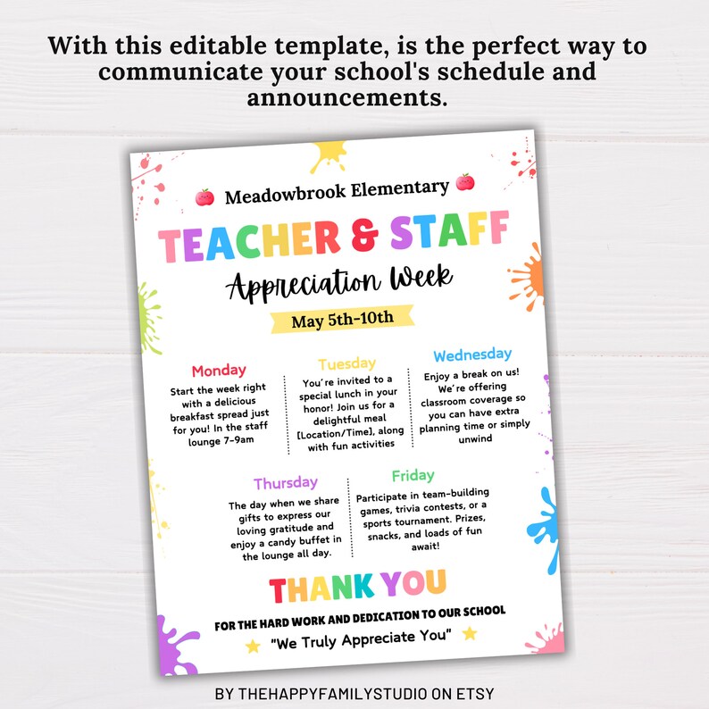 Teacher Appreciation Week Schedule, Editable Teacher Appreciation Flyer ...