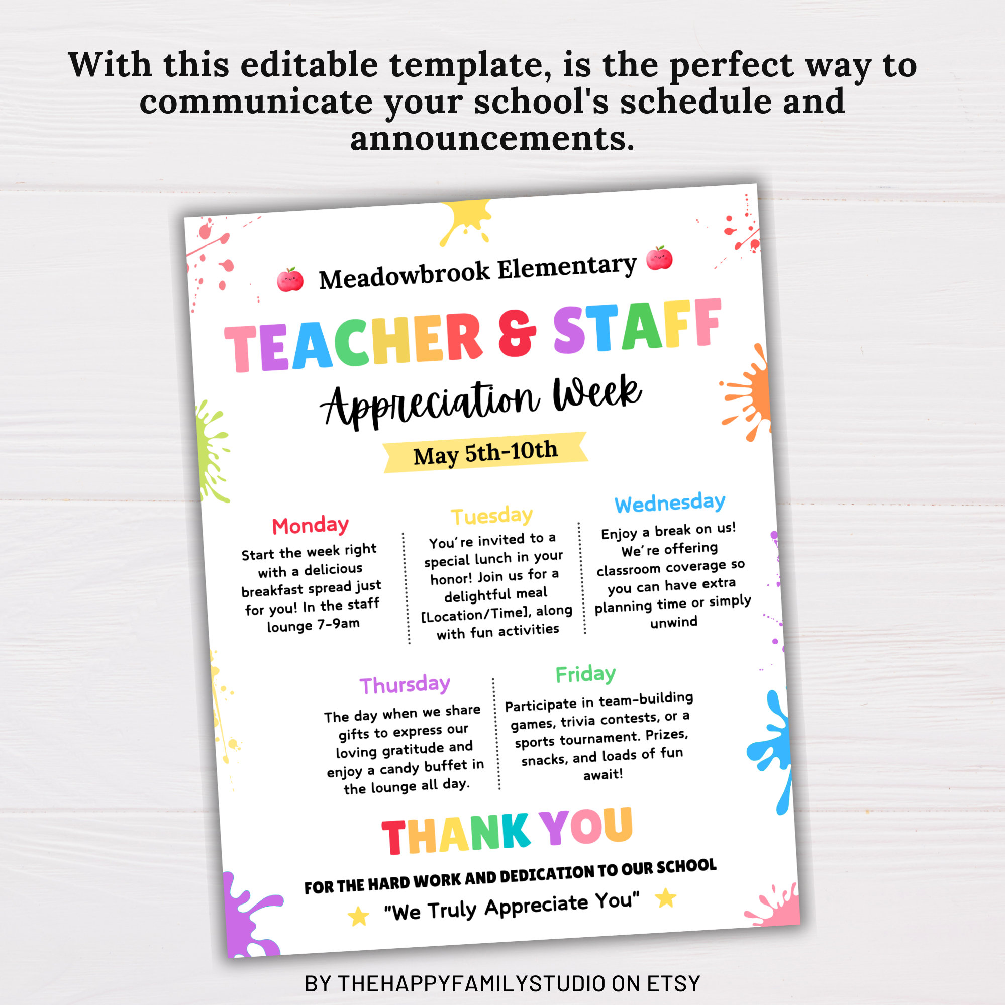 Teacher Appreciation Week Schedule, Editable Teacher Appreciation Flyer ...