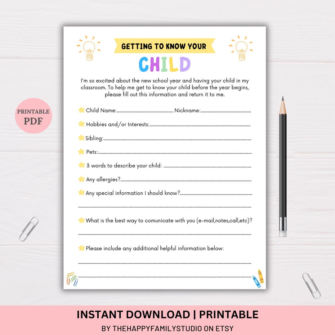 Back to School Parent Survey: Child Information Form (digital Download ...