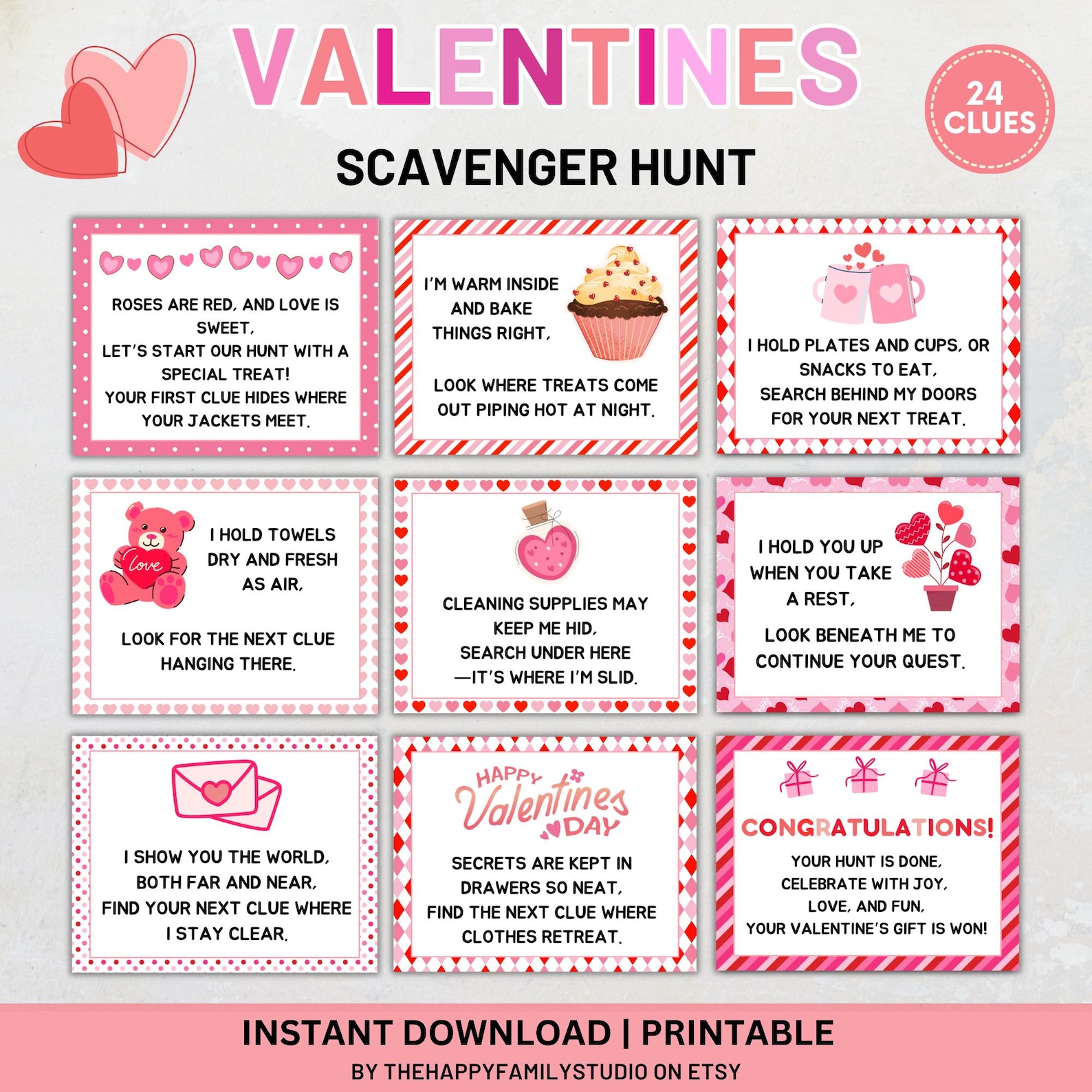 Valentines Day Scavenger Hunt for Kids, Valentines Treasure Hunt Clues ...