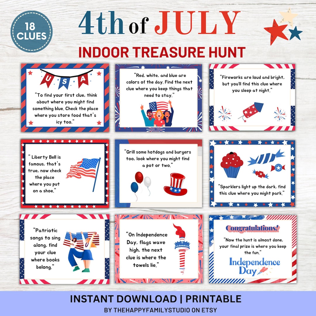 4th of July Indoor Scavenger Hunt Clue Cards, Fourth of July Treasure ...