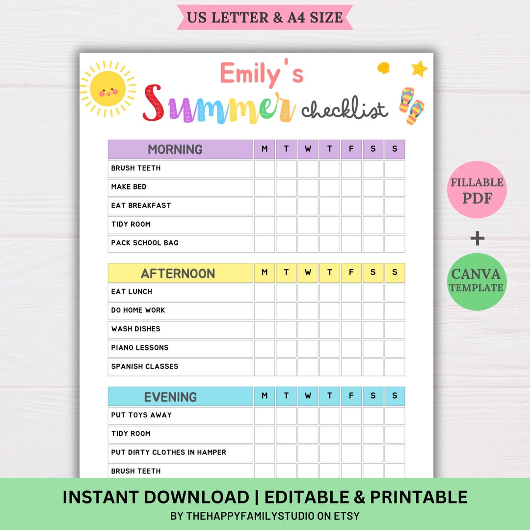 Editable Summer Daily Checklist for Kids, Chore Chart for Kids, Summer ...