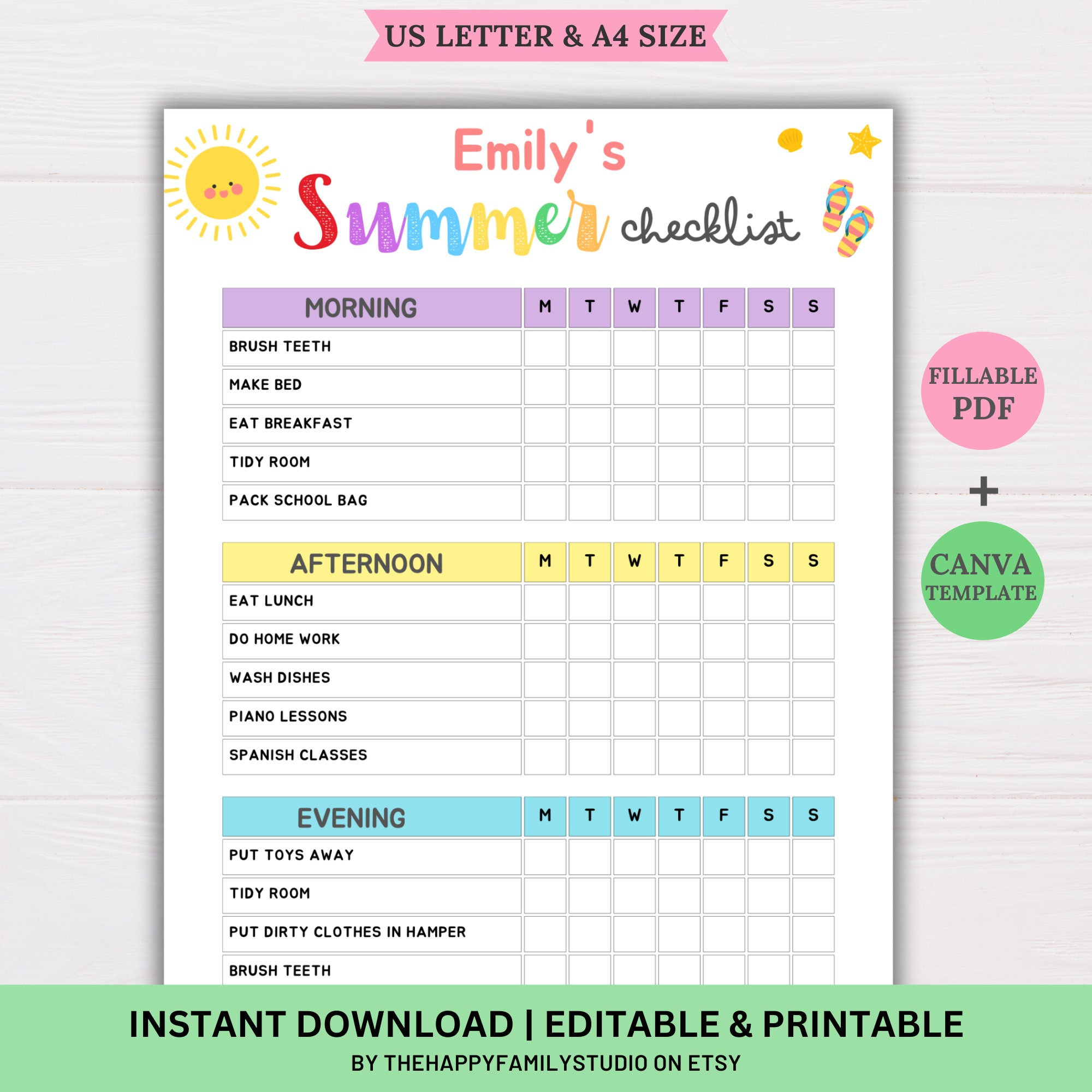 Editable Summer Daily Checklist for Kids, Chore Chart for Kids, Summer ...