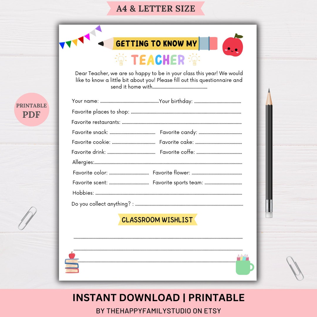 Teacher Favorite Things Questionnaire, Teacher Appreciation Gift, All ...