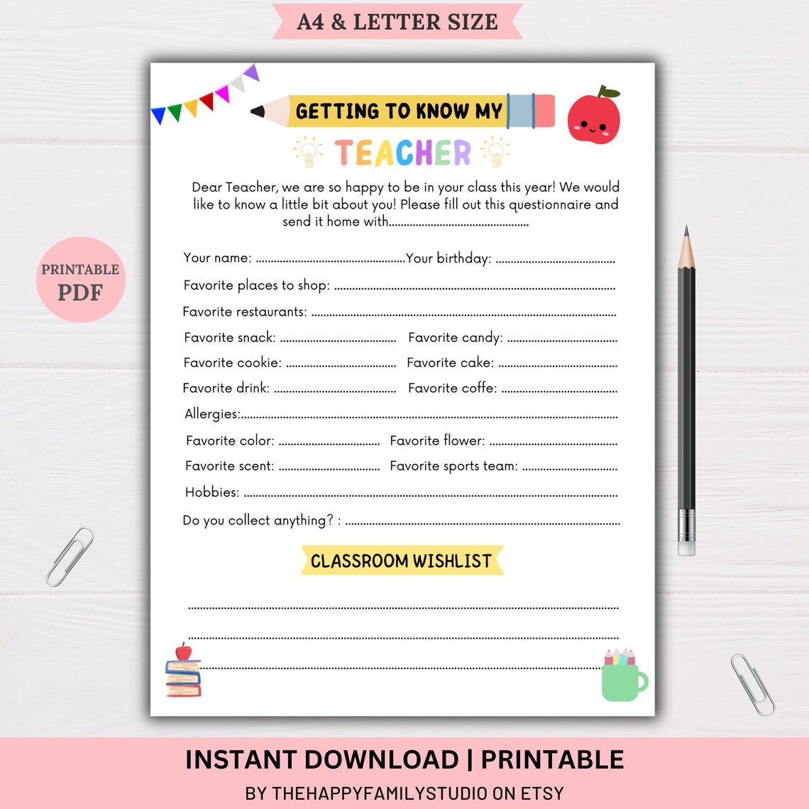 Teacher Favorite Things Questionnaire, Teacher Appreciation Gift, All ...