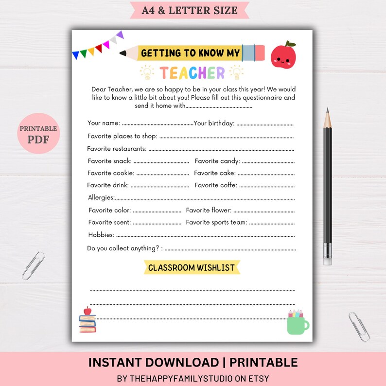 Teacher Favorite Things Questionnaire, Teacher Appreciation Gift, All ...