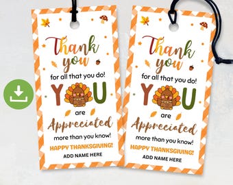 Thank You Thanksgiving Tag, Fall Thanksgiving Tag, You Are Appreciated ...