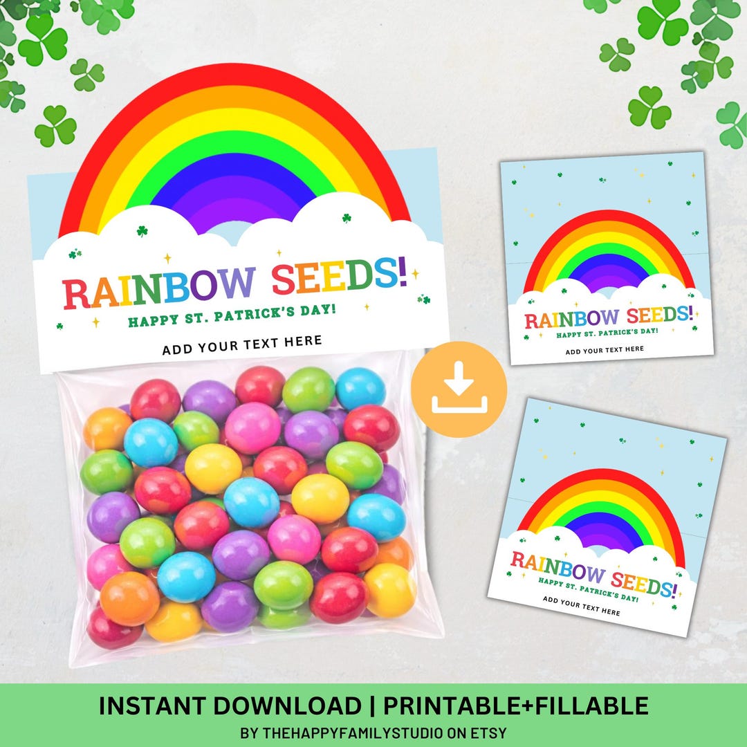 St. Patrick's Day Treat Bag Topper, Rainbow Seeds Gift Tag, St Patricks ...