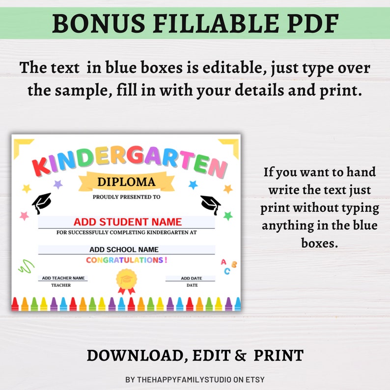 Kindergarten Graduation Certificate, Customizable Kindergarten Diploma ...
