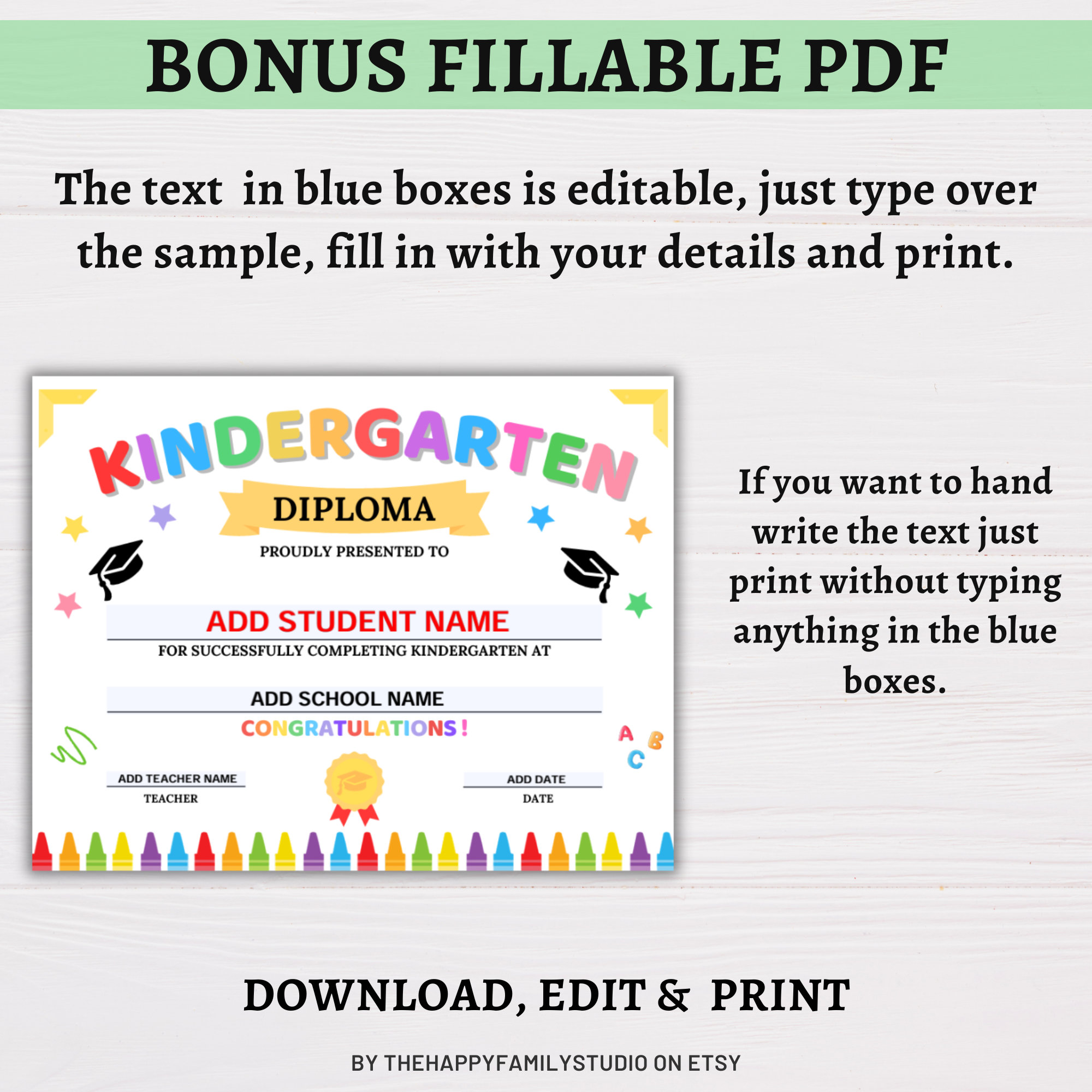 Kindergarten Graduation Certificate, Customizable Kindergarten Diploma ...