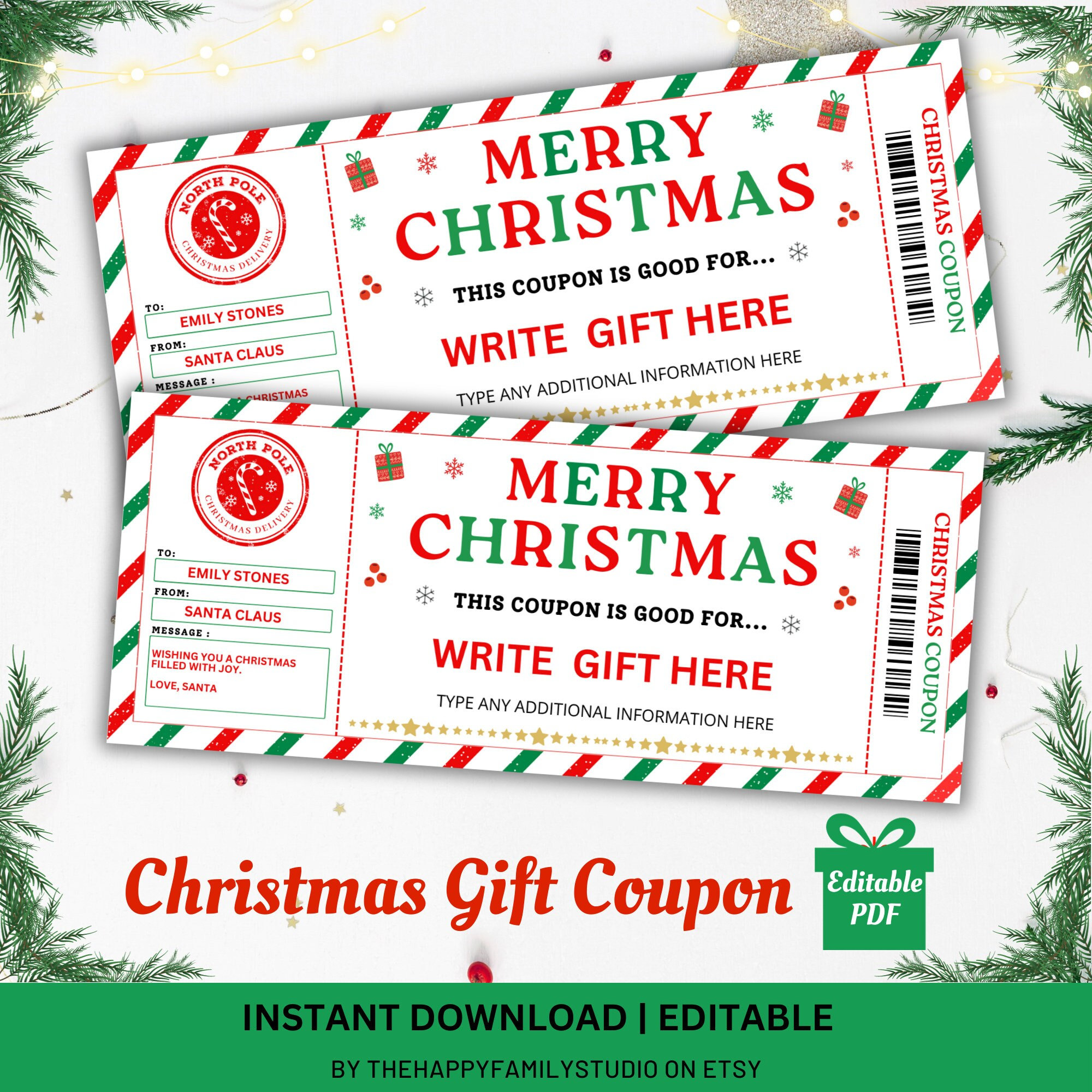 Editable Christmas Coupon, Printable Christmas Gift Certificate, Custom ...