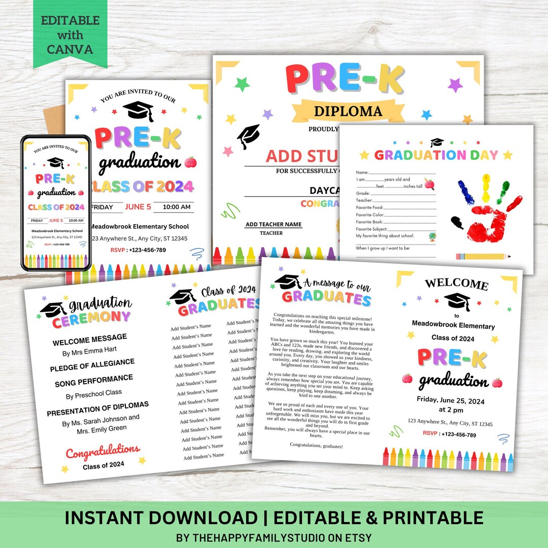 Editable Pre-k Graduation Bundle, Graduation Invitation, Graduation ...