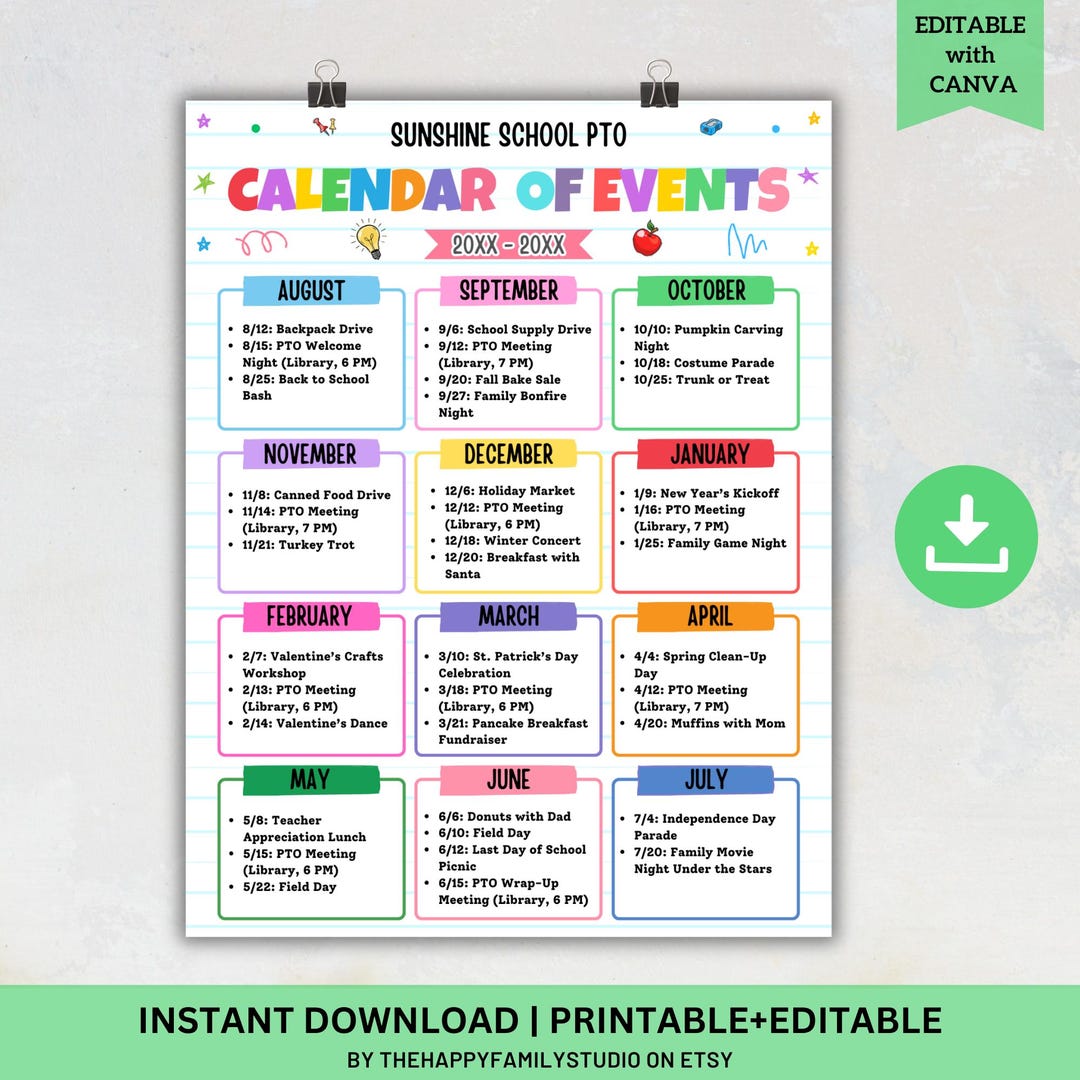 Editable School Event Calendar Flyer, PTA Monthly Calendar, PTO ...